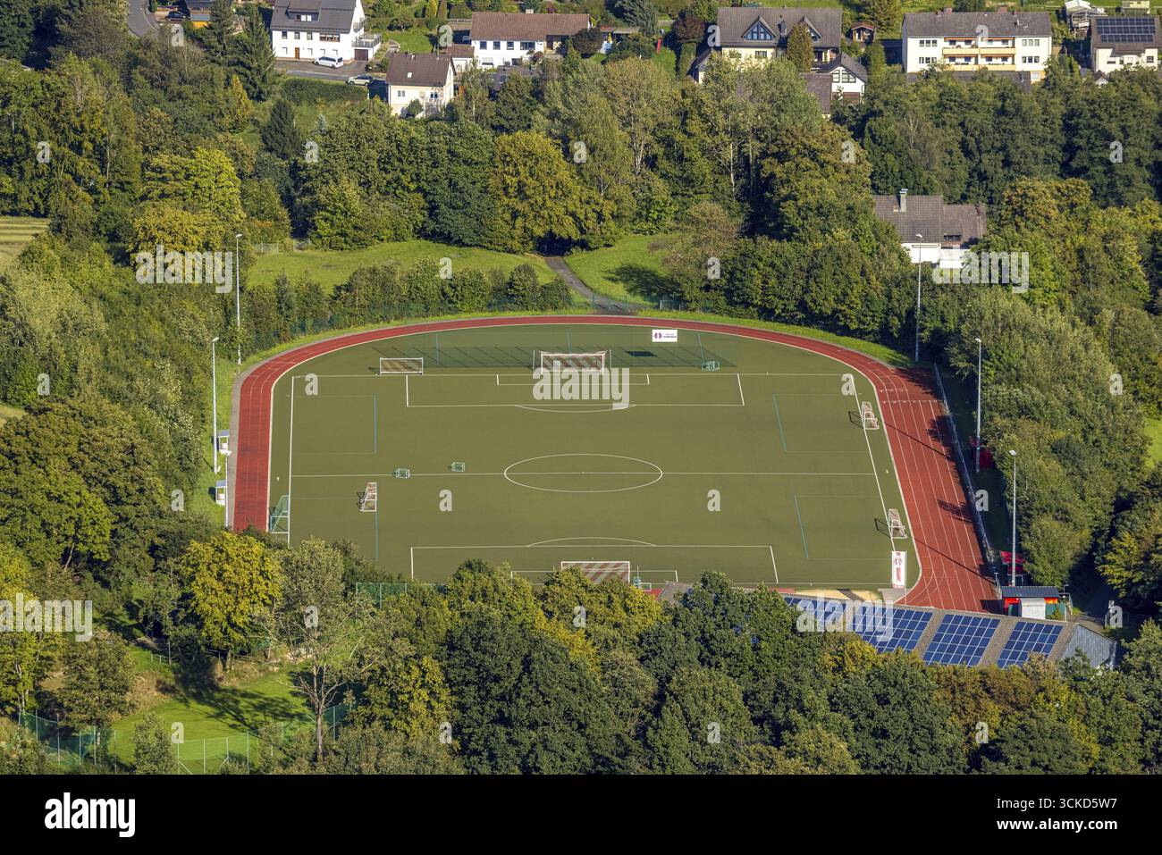 Aerial view, sports facility football pitch and athletics stadium Turn ...