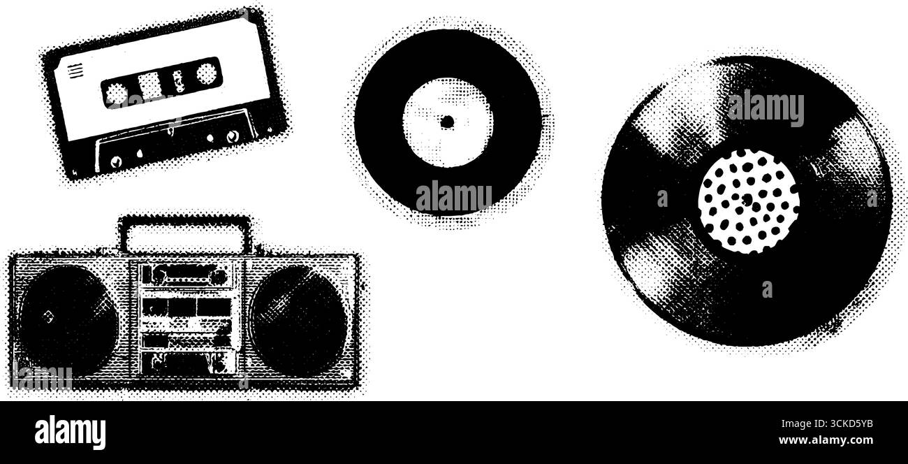 Retro music collection: halftone cassette, vinyl, and boombox design ...