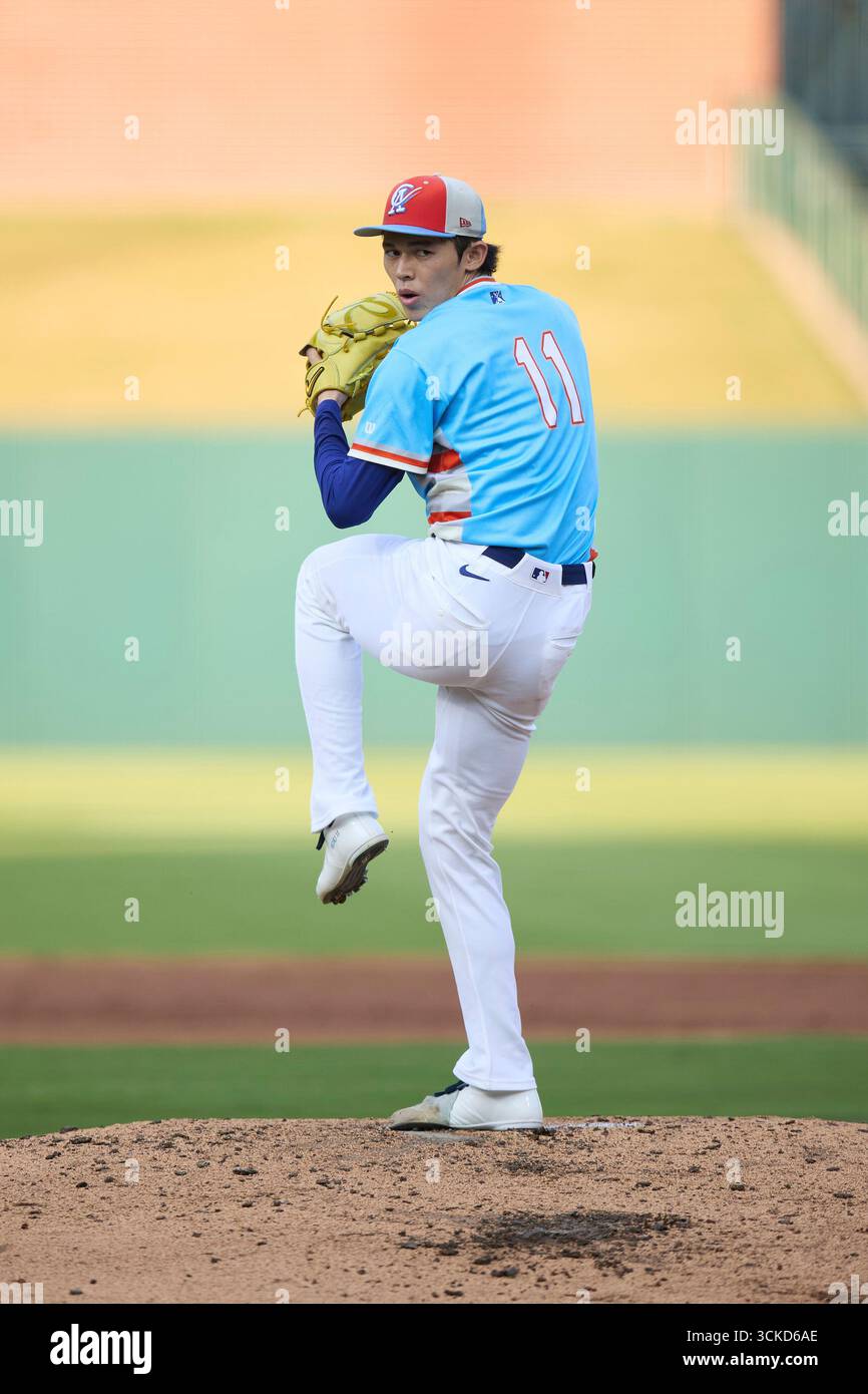 Cielo Azul de Oklahoma City starting pitcher Roki Sasaki (11) in action ...
