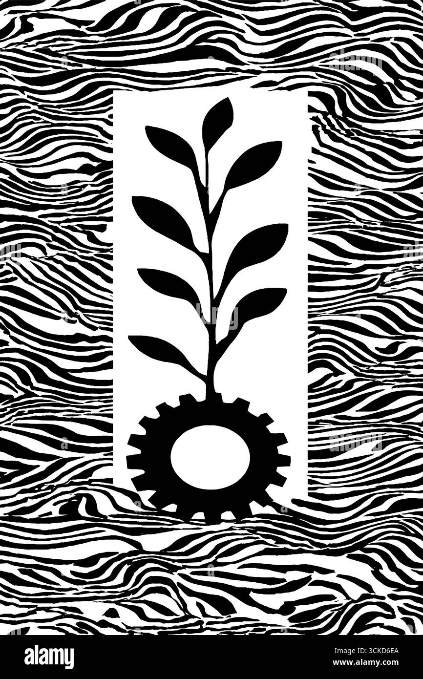 Symbolic growth pattern with sprouting plant and gear on abstract ...
