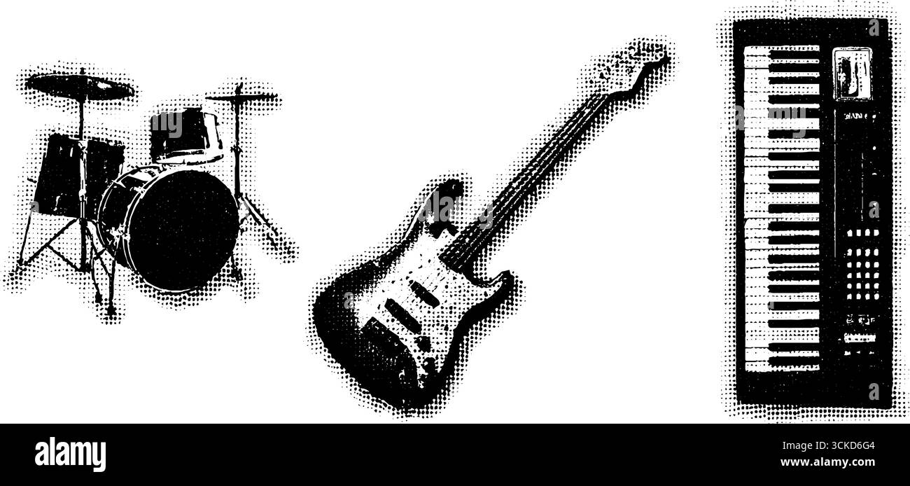 Halftone collage of drum set, electric guitar, and synthesizer for ...