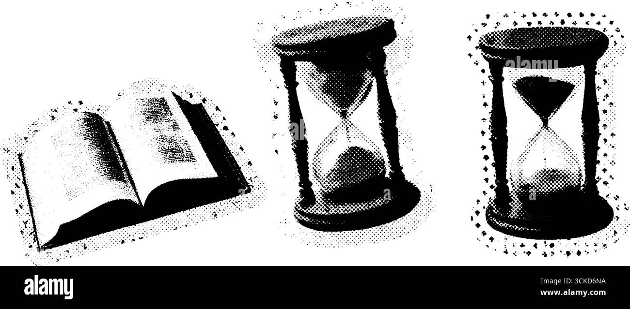 Vintage halftone collage of open book and hourglass for retro design ...