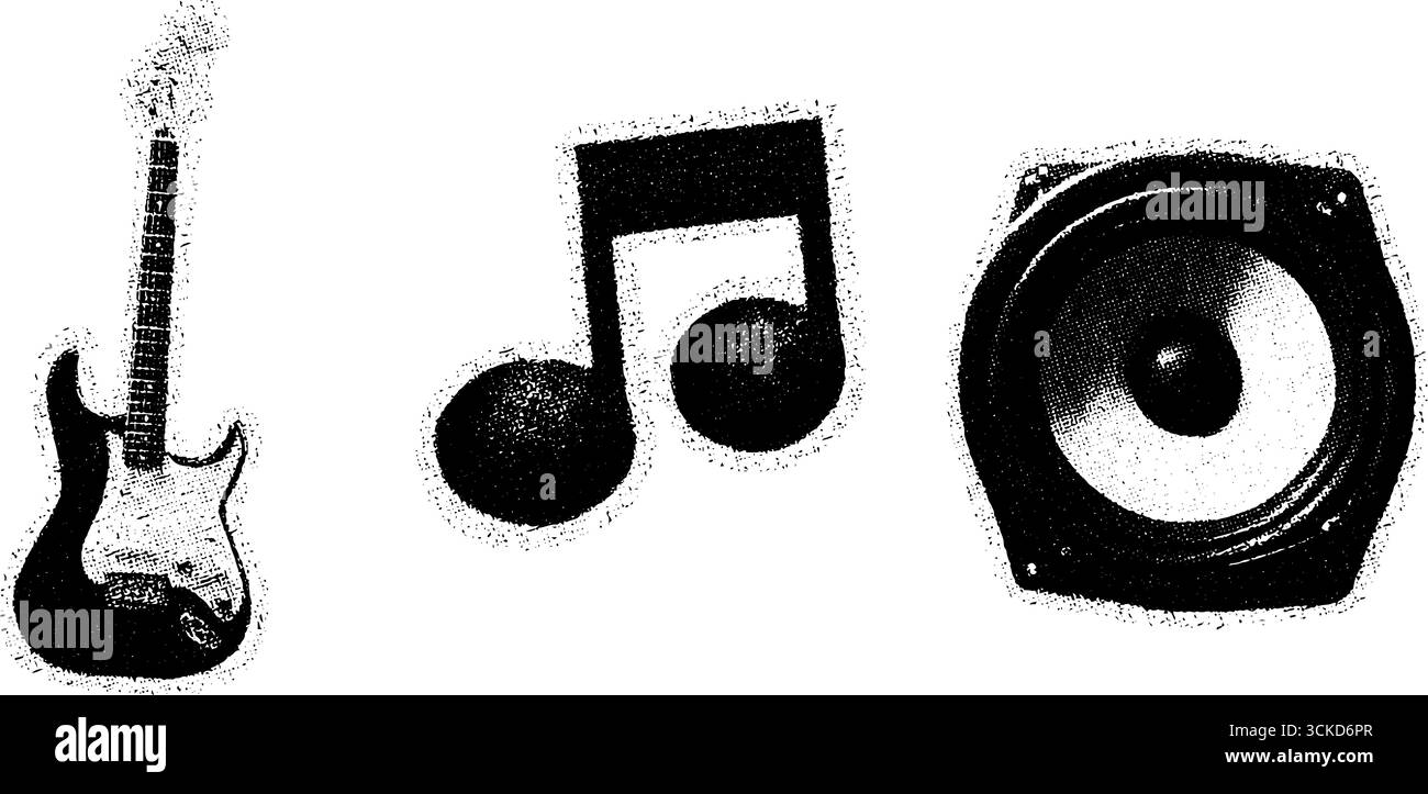 Halftone music elements: guitar, note, and speaker collage for creative ...