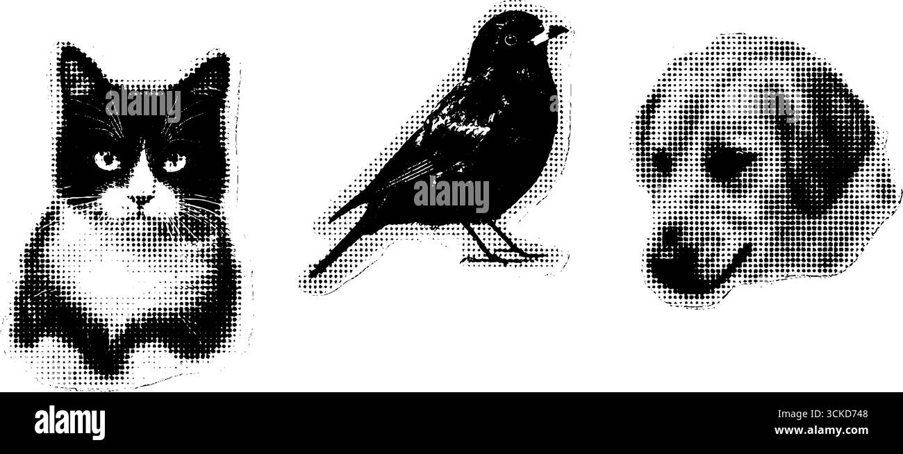 Halftone animal illustration set featuring cat dog and bird for ...