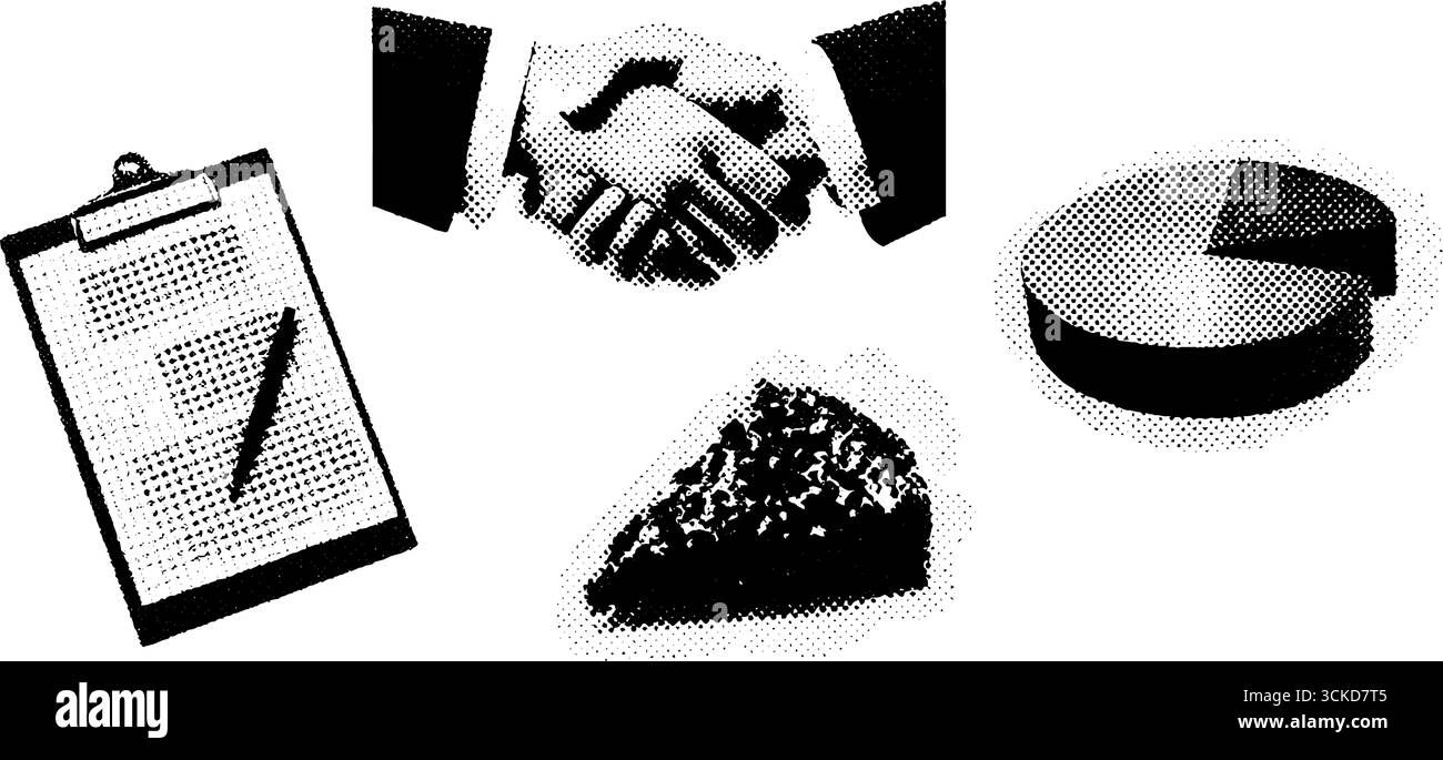 Halftone business symbols: handshake, pie chart, and clipboard for ...