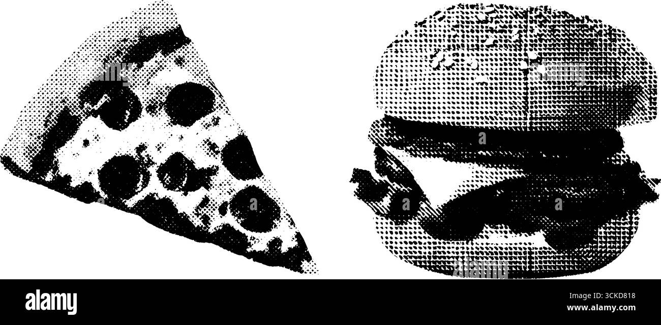 Retro halftone food collage with pizza slice and burger for design ...