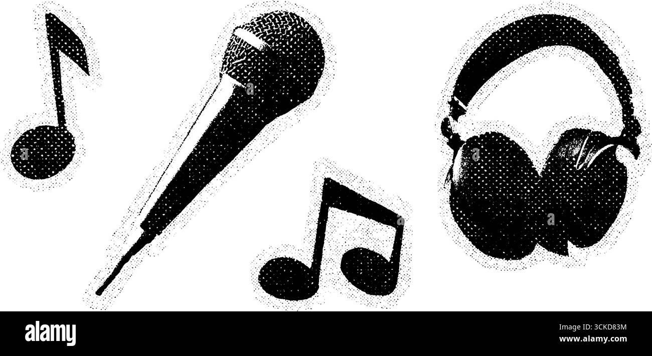 Retro music elements in halftone style for graphic design and art ...