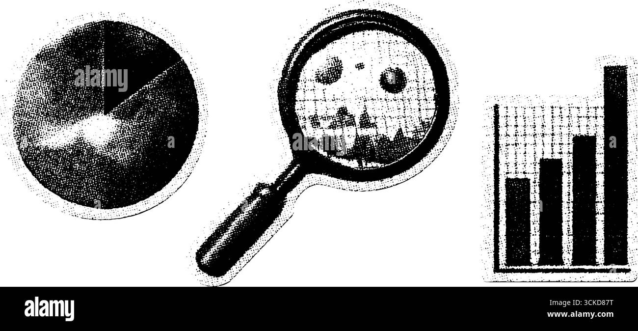 Halftone collage of pie chart, magnifying glass, and bar graph for data ...