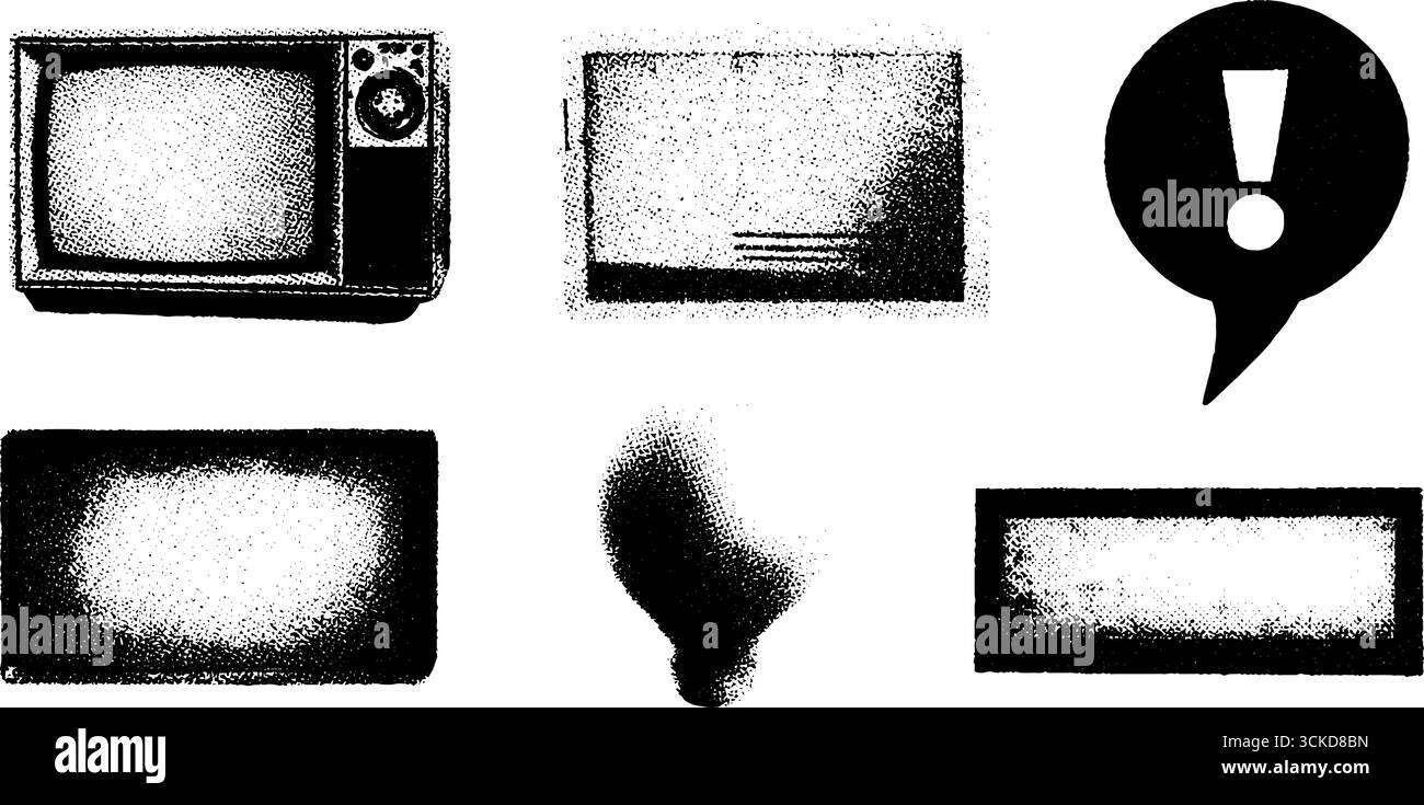 Halftone collage set featuring static tv, symbols, and light bulb ...