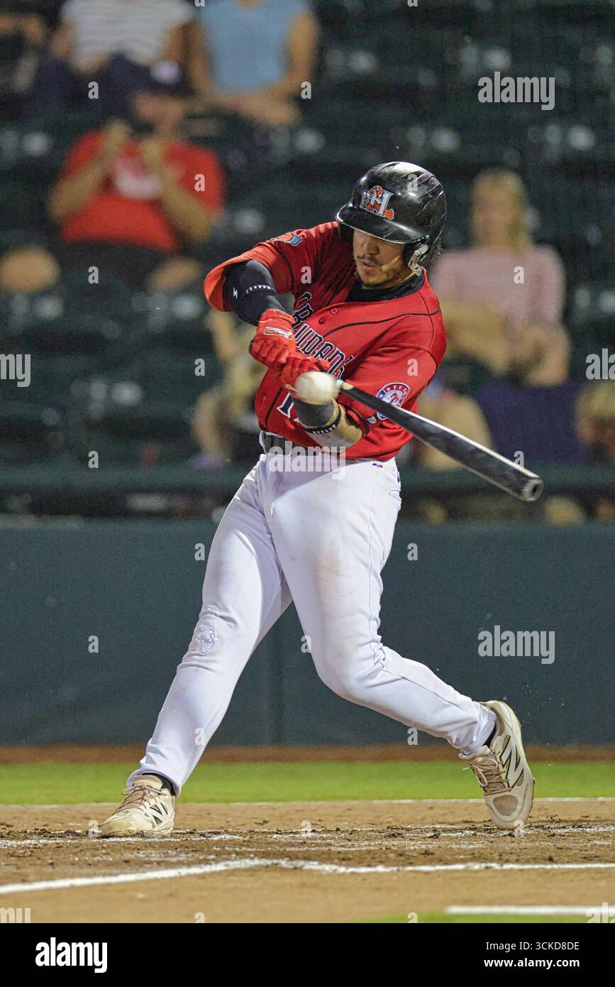 Hickory, NC: Hickory Crawdads first base Marcos Torres (11) swings at a ...