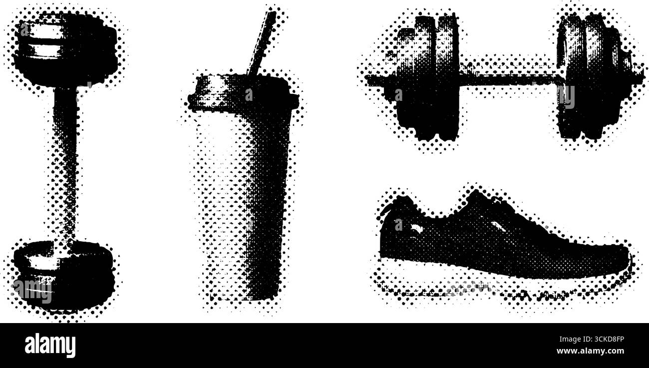 Fitness equipment collage: halftone style with barbell, protein shake ...