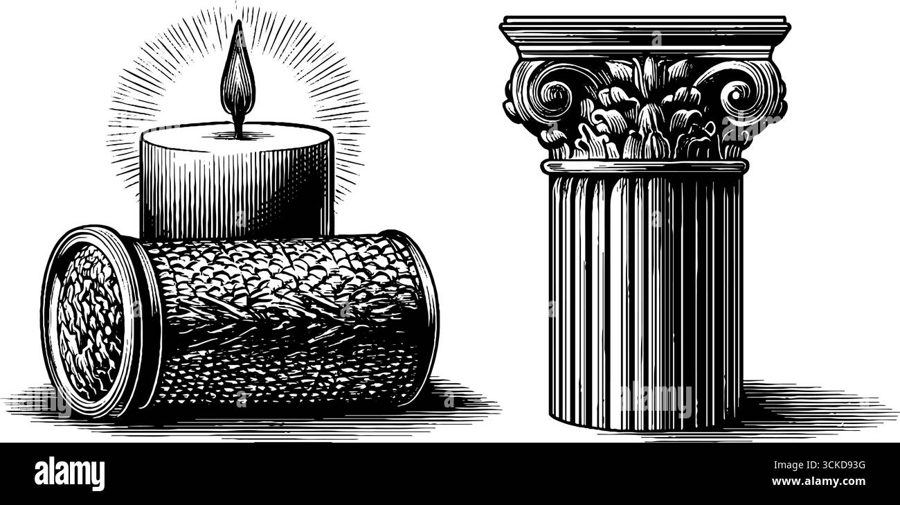Engraved candle and wax illustration set featuring column designs for ...
