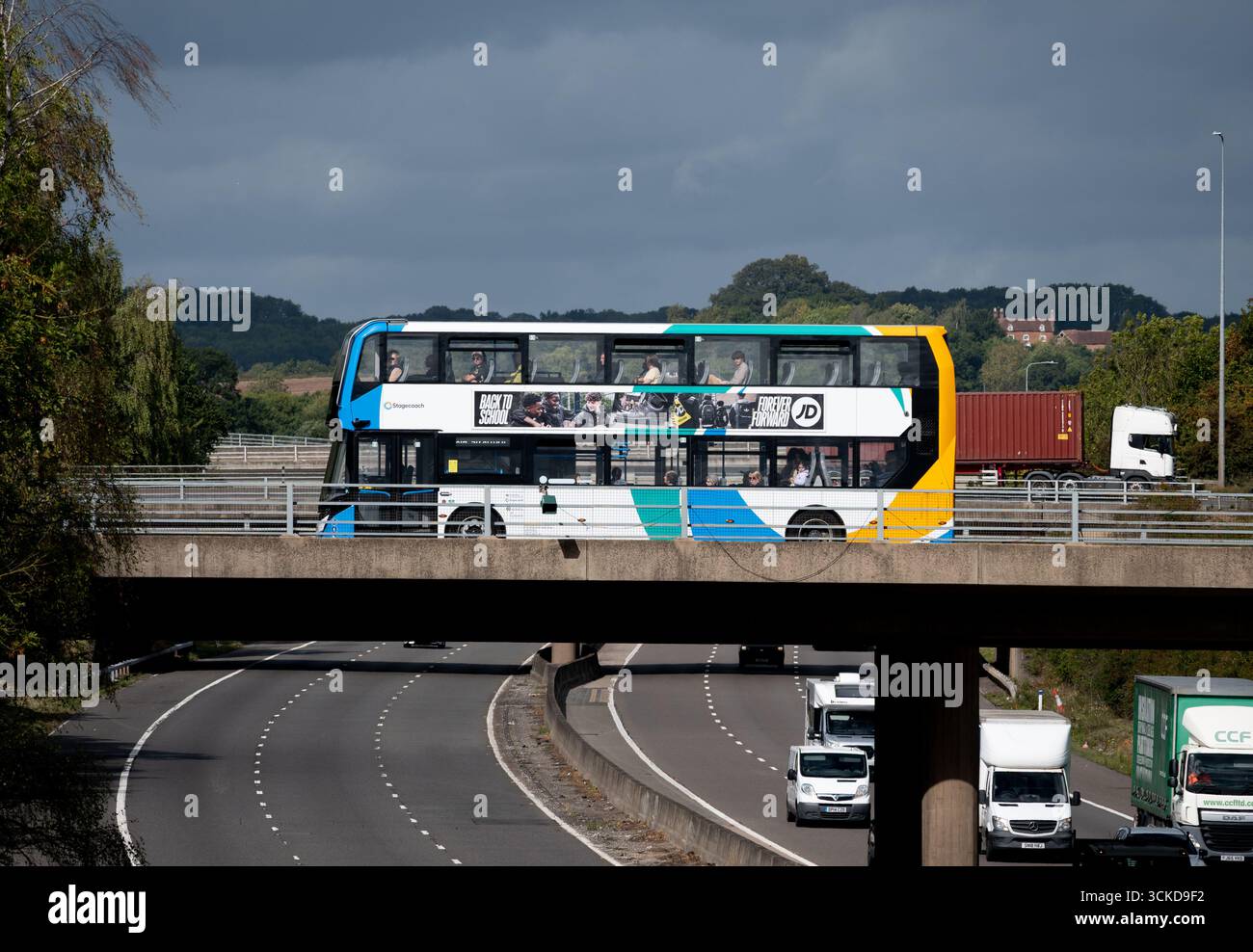 Stagecoach double-decker bus crossing the M40 motorway at Longbridge ...