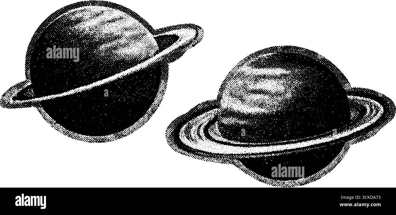 Vintage halftone illustration of planet saturn in space with rings ...