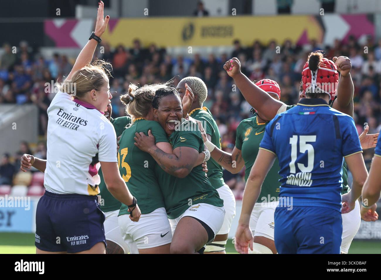 South Africa's players celebrate a try during the Women’s Rugby World ...