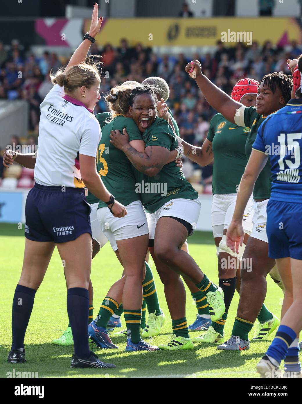 South Africa's players celebrate a try during the Women’s Rugby World ...