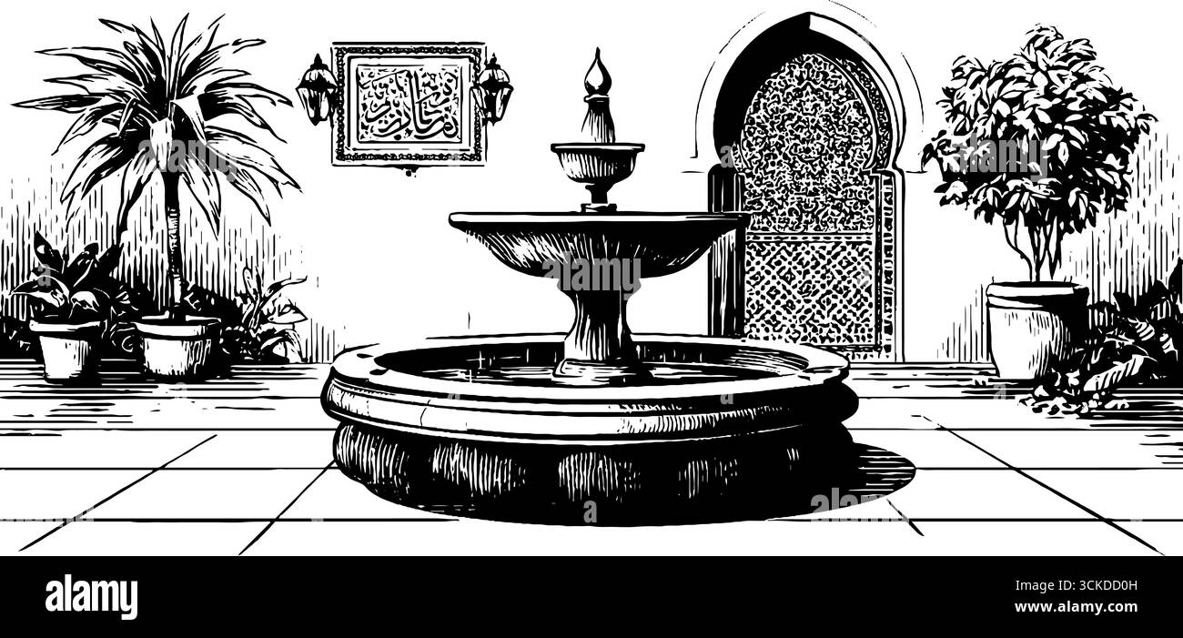 Vintage arabesque fountain scene with engraved elements for artistic ...