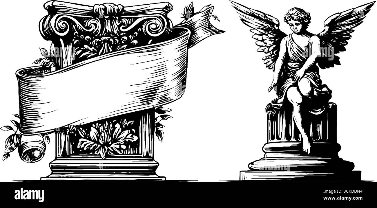 Elegant baroque marble balustrade and angel statue, vintage design for ...