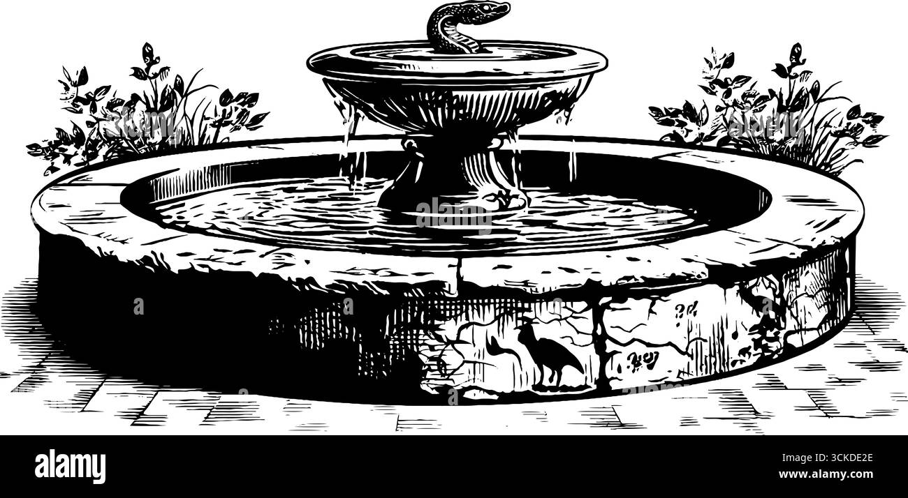 Vintage engraved illustration of a bronze serpent fountain with water ...