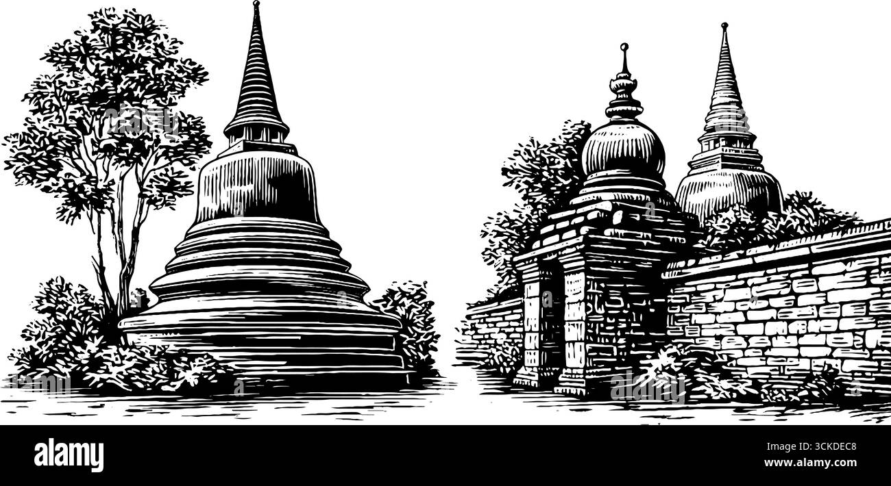 Engraved illustration of buddhist stupa and gate with trees for ...