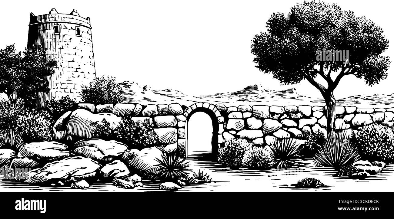 Engraved illustration of berber kasbah tower and landscape scene Stock ...