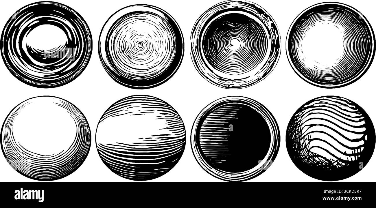 Engraved illustration set of circular grid patterns for design Stock ...