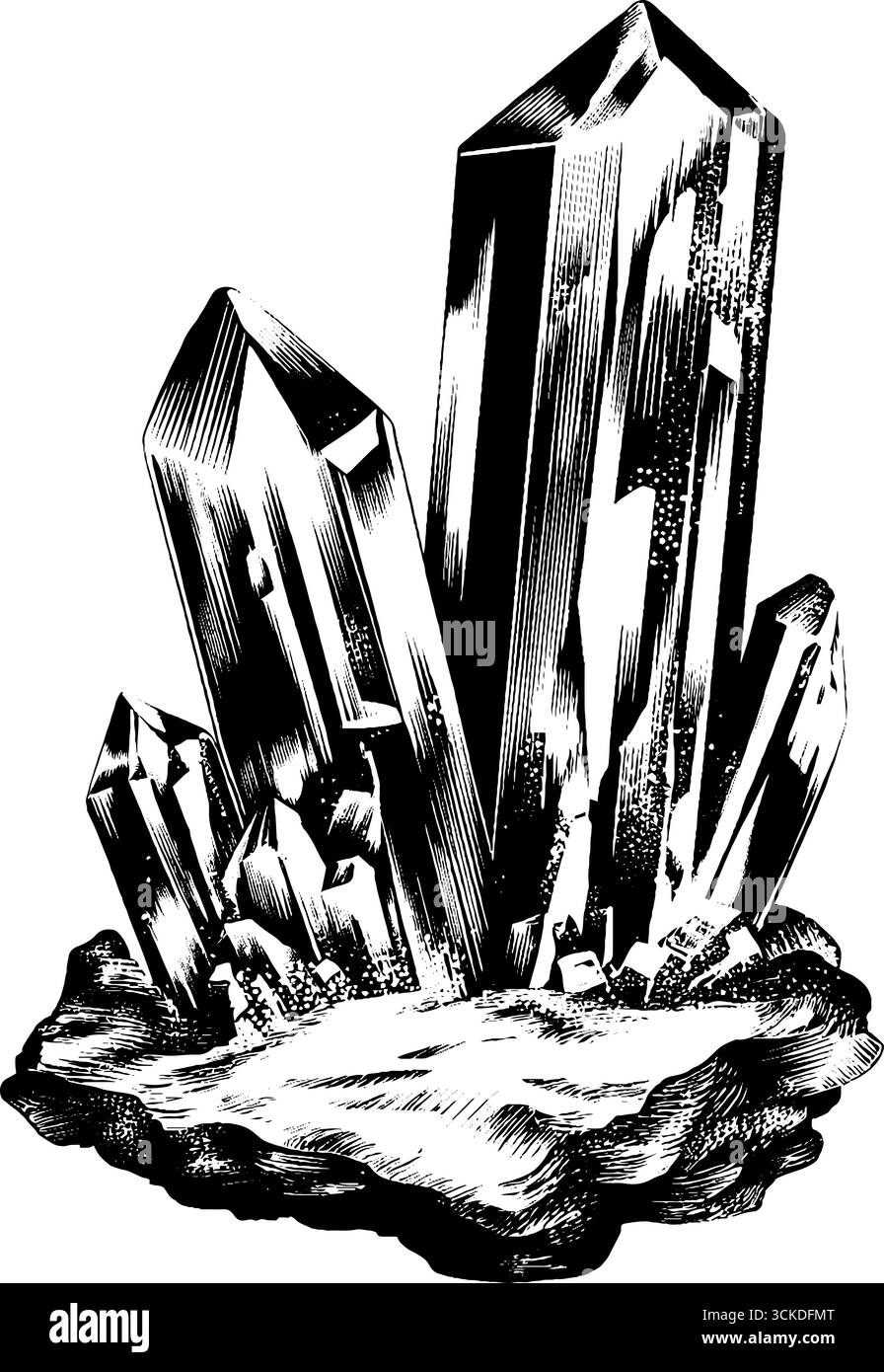 Vintage engraved crystal formations set for retro design and art use ...