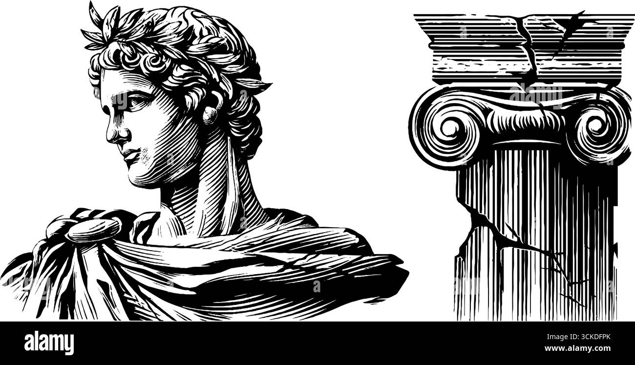 Engraved illustration set of greek marble god and classical column for ...