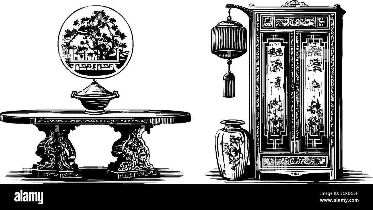 Vintage chinese hardwood furniture engraved illustration set for ...