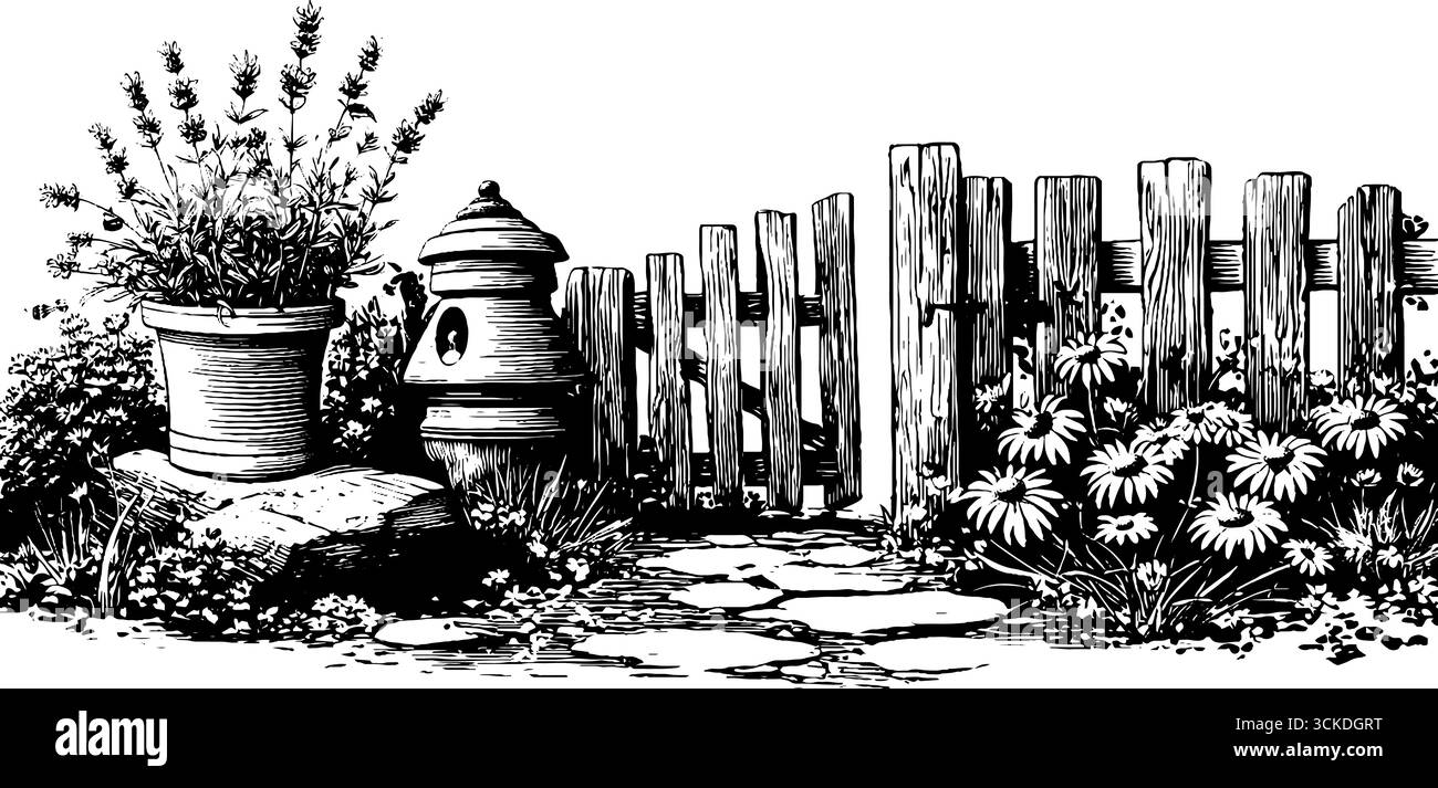 Engraved french lavender bush and garden scene for vintage design Stock ...