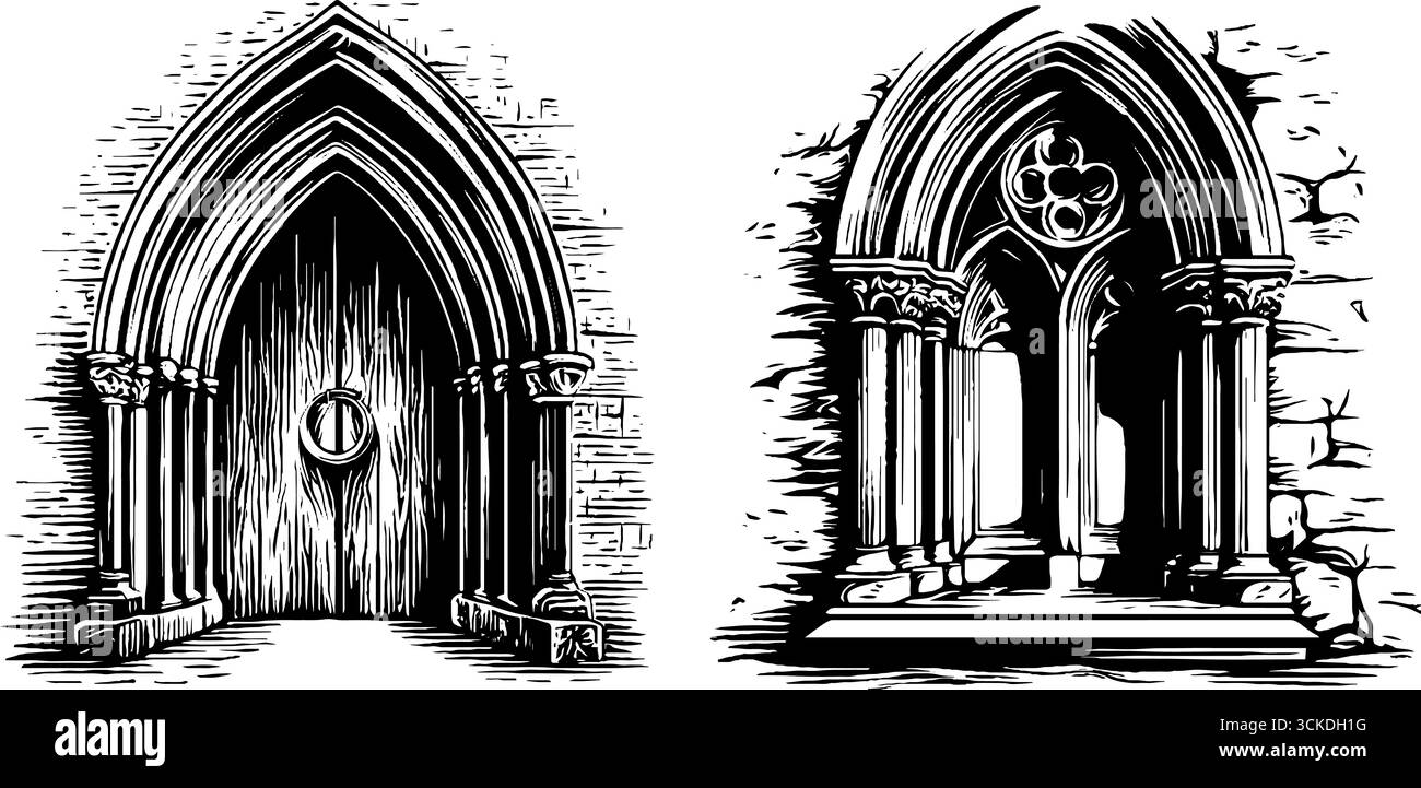 Set of engraved illustrations of gothic cathedral doors for historical ...