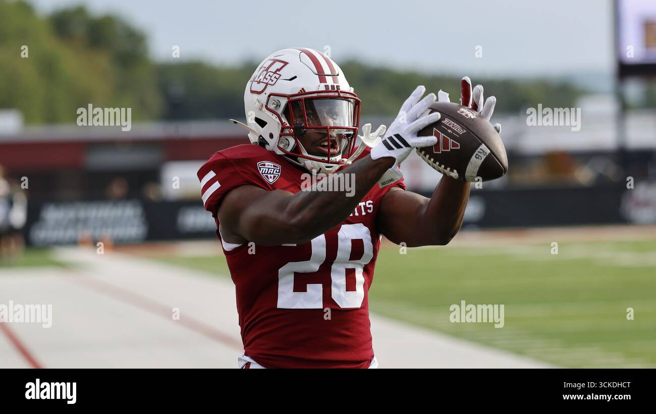 Massachusetts running back Juwaun Price (28) warms up prior to an NCAA ...