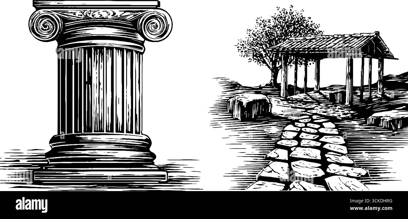 Classical greek architecture engraving with agora and column design for ...