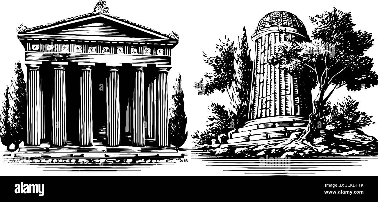 Engraved illustration set of ancient greek tholos and temple ...