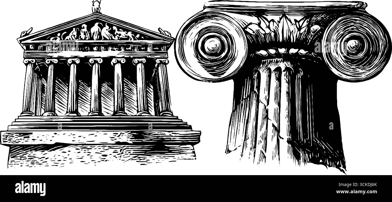 Engraved illustration set of greek acroterion with column details for ...