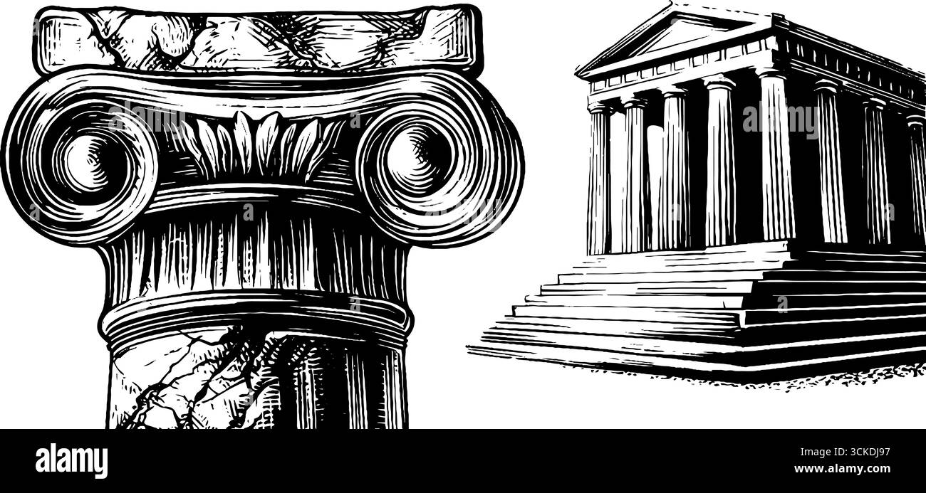 Engraved illustration set of greek temple architecture featuring ionic column and pediment Stock ...