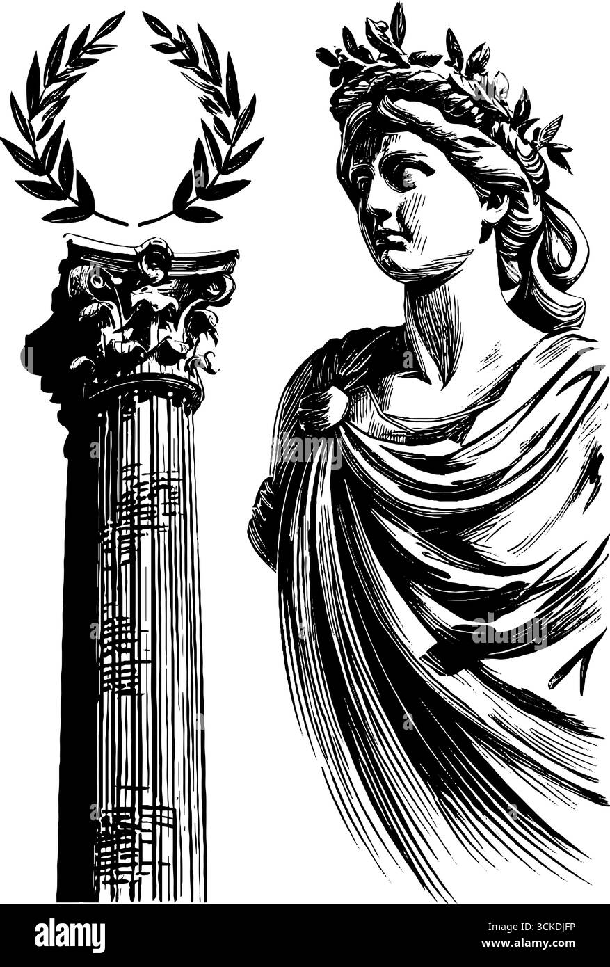 Vintage engraved illustration of goddess statue with laurel and ...