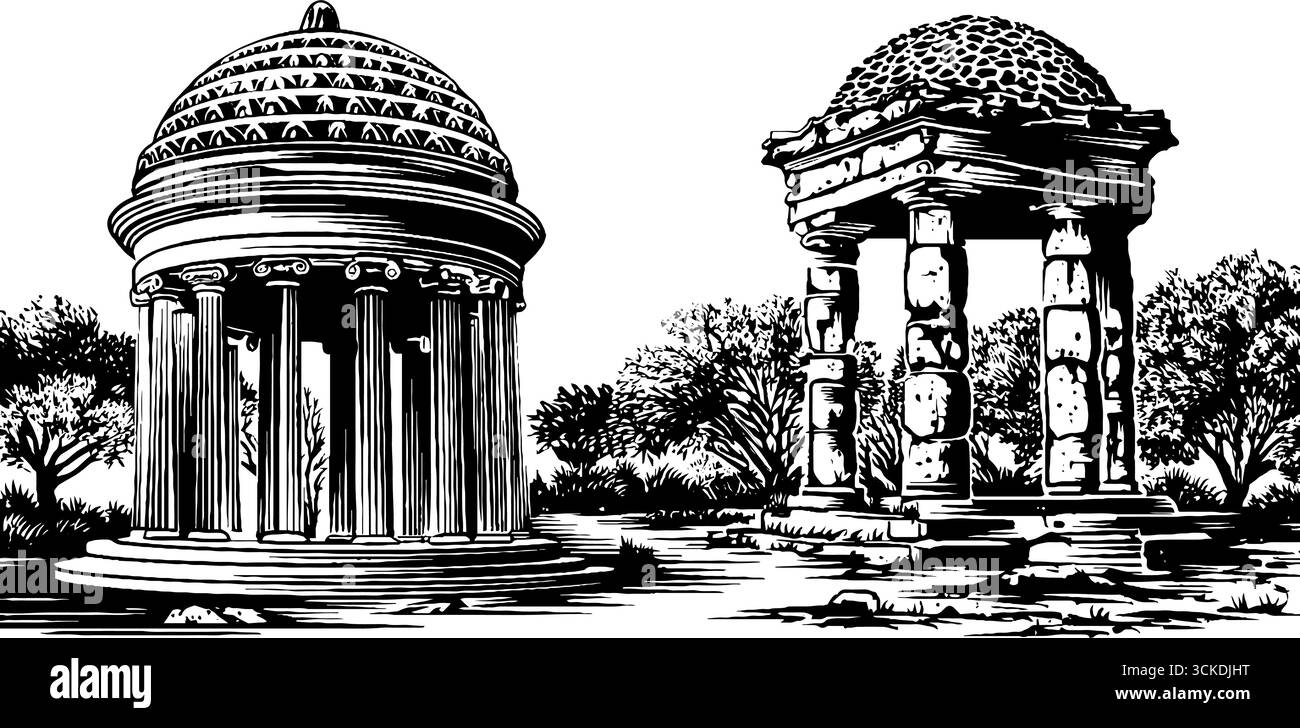 Engraved illustrations of greek tholos tomb architecture for historical ...