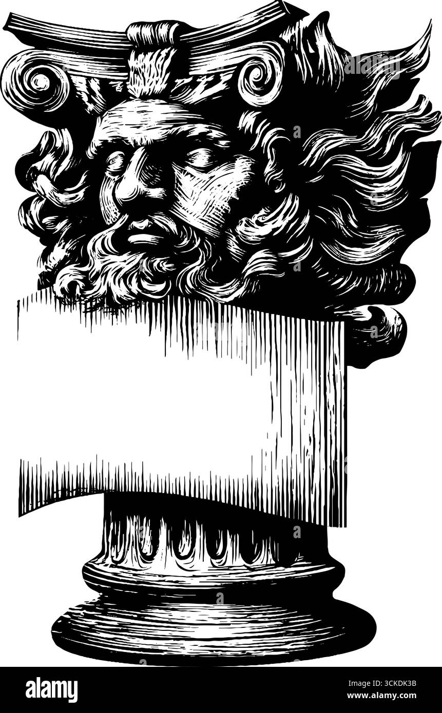 Vintage engraved illustration of mythical face with flowing hair design ...