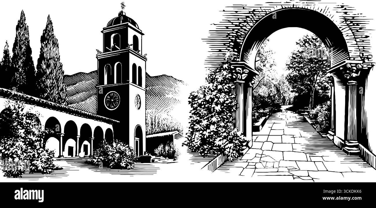 Vintage engraved illustration of monastery bell tower and pathway scene ...