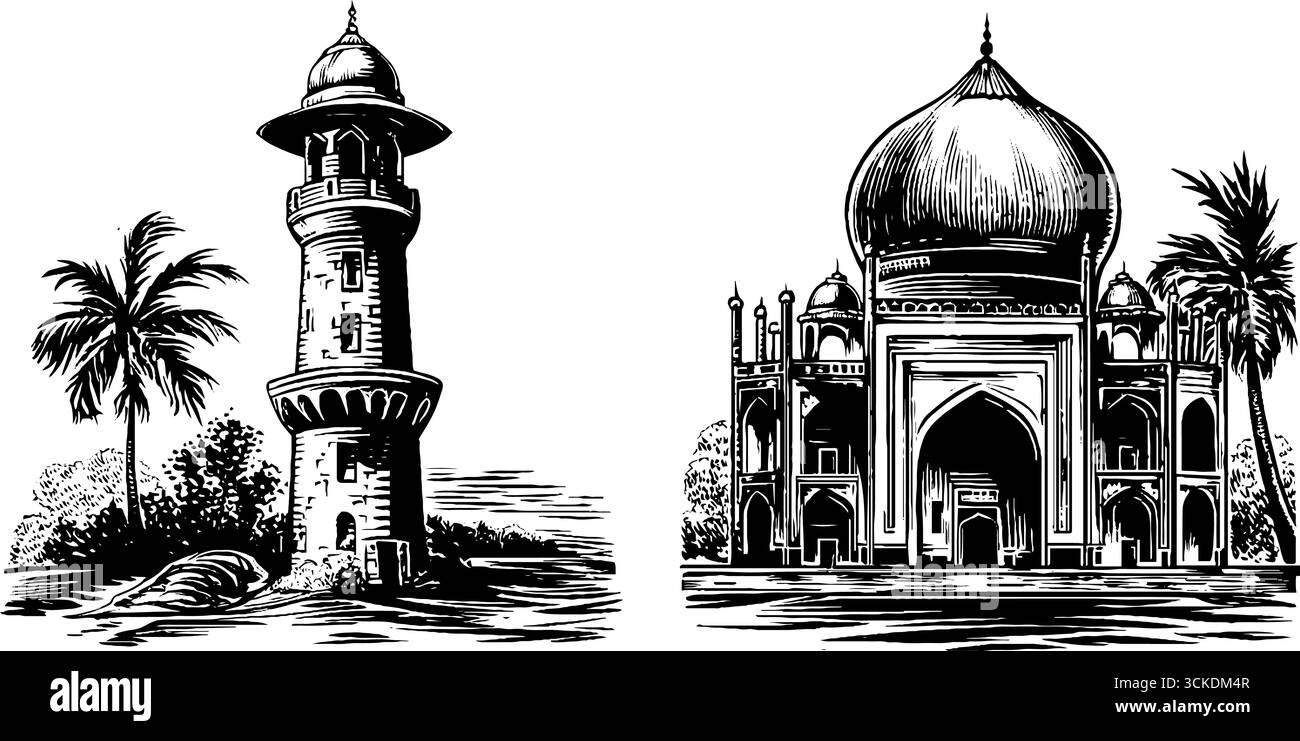 Mughal architectural landmarks set featuring minaret and dome design ...