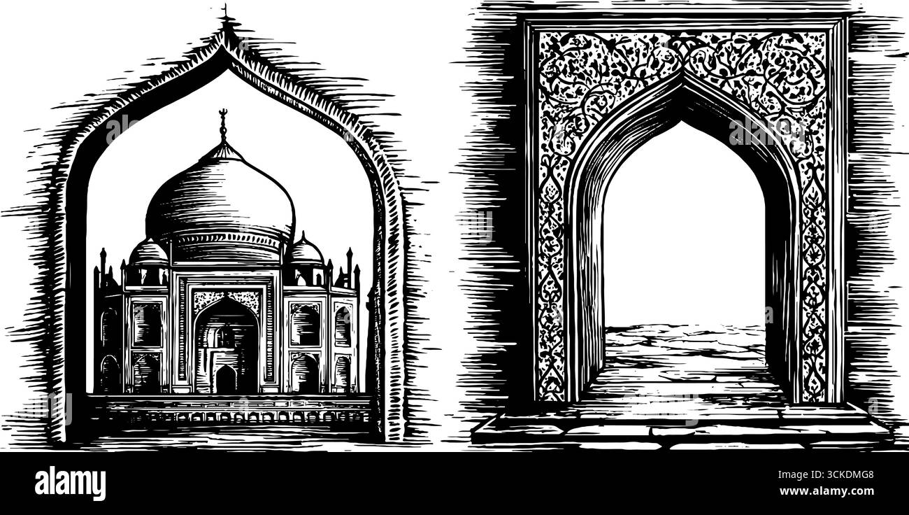 Vintage engraved illustration set of persian iwan and architectural ...