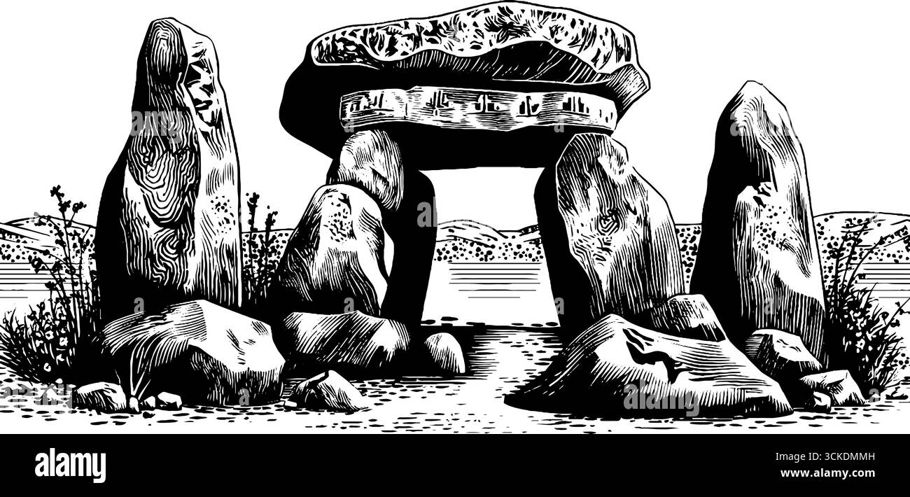 Neolithic dolmen engraving set – ancient stone monument illustrations ...