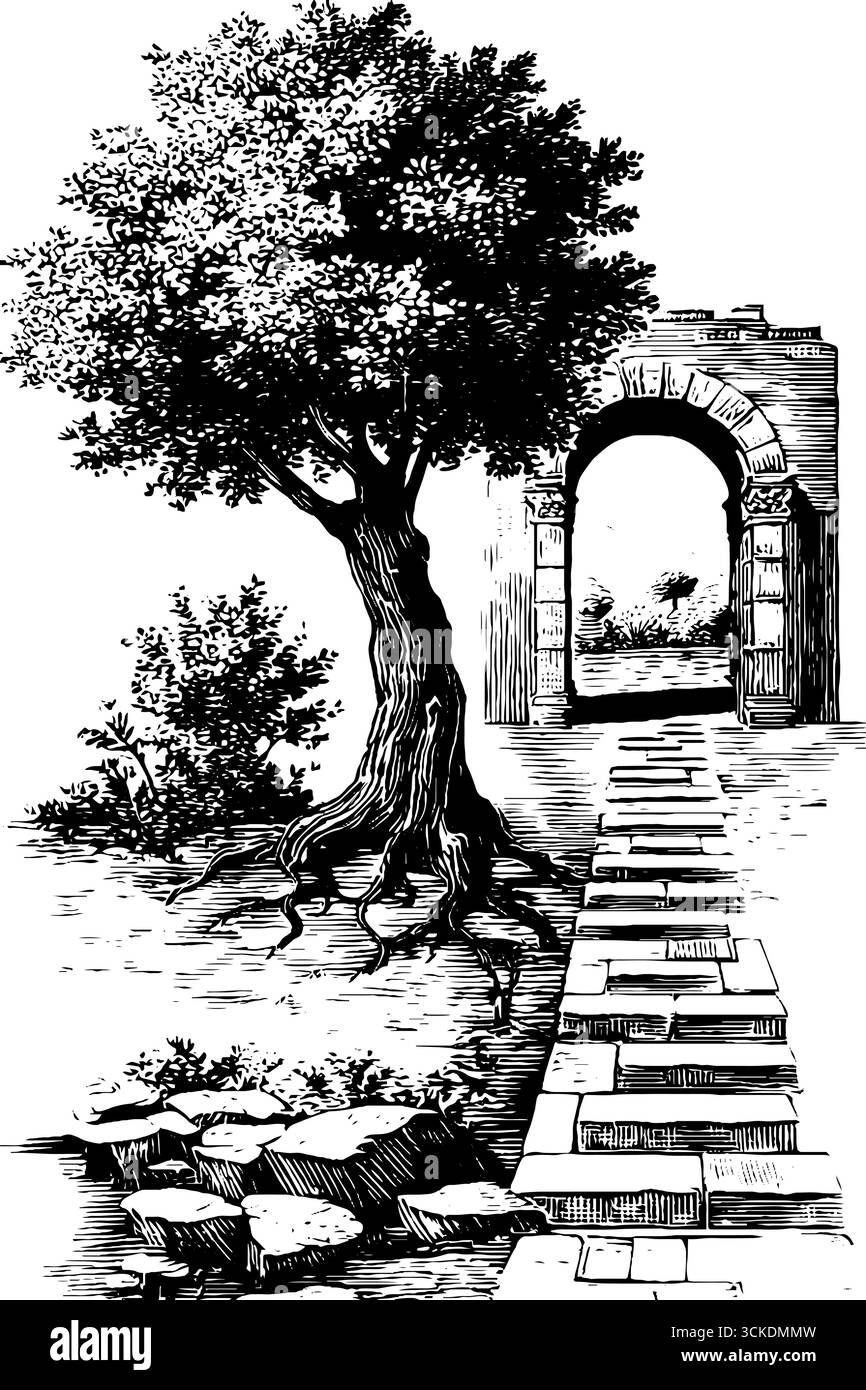 Engraved illustration of tree and arch gateway – vintage design for ...