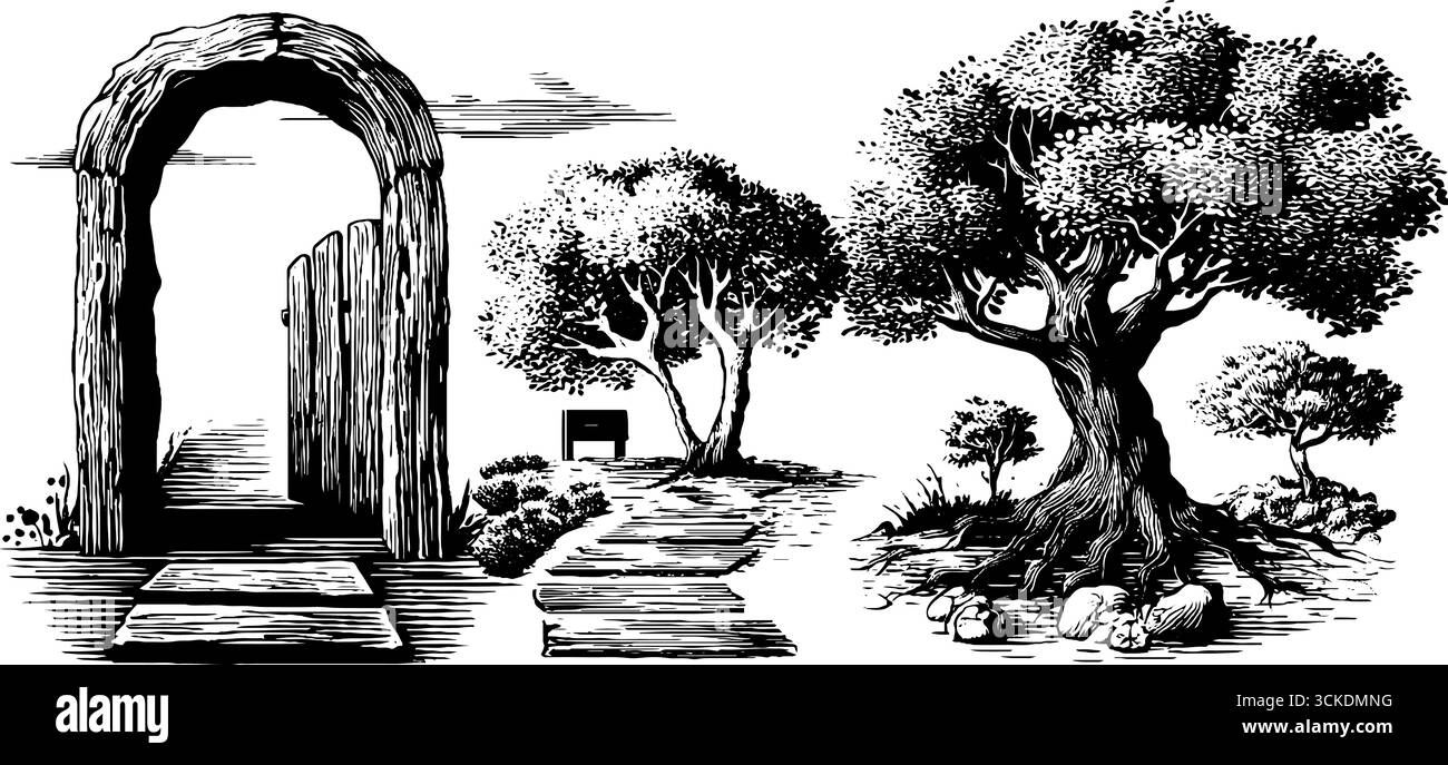 Vintage engraved illustration of tree and arch gateway design for ...