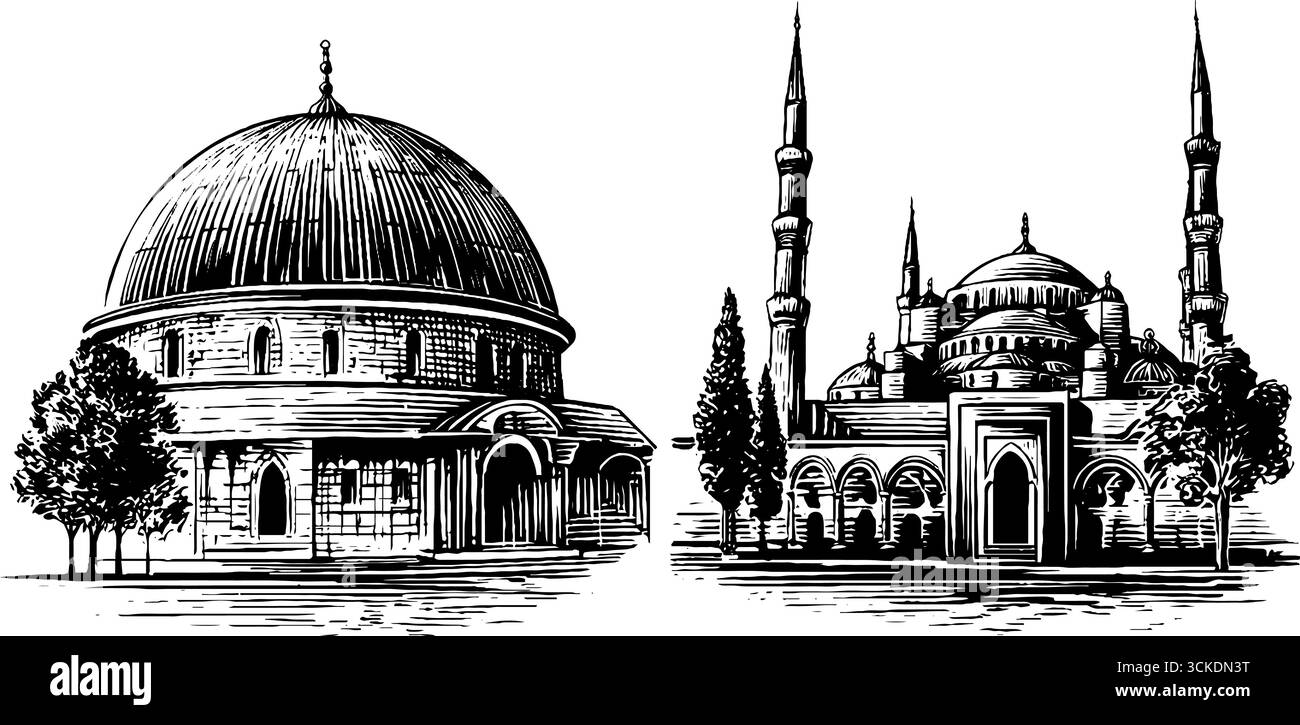 Ottoman dome and minaret engraved illustrations for retro design and ...