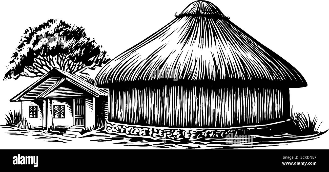 Engraved illustration of traditional zulu rondavel roof – cultural ...