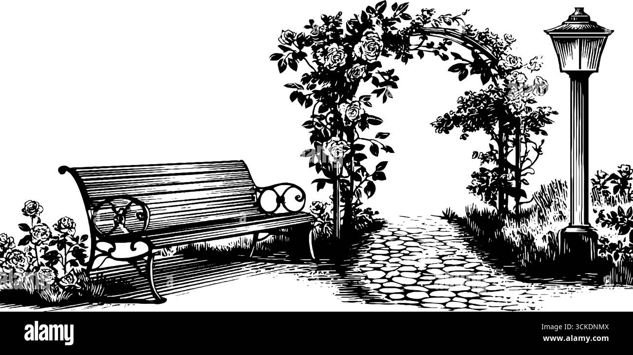 Vintage garden scene with wrought iron bench and floral archway ...