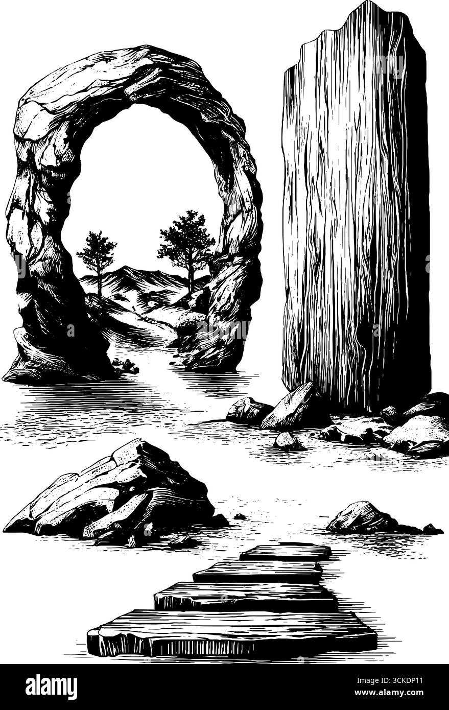 Mystical runic arc gate and ancient path in an engraved landscape ...