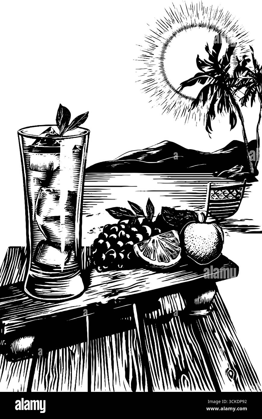 Vintage sunset cocktail beach scene with engraved fruits and palm trees ...